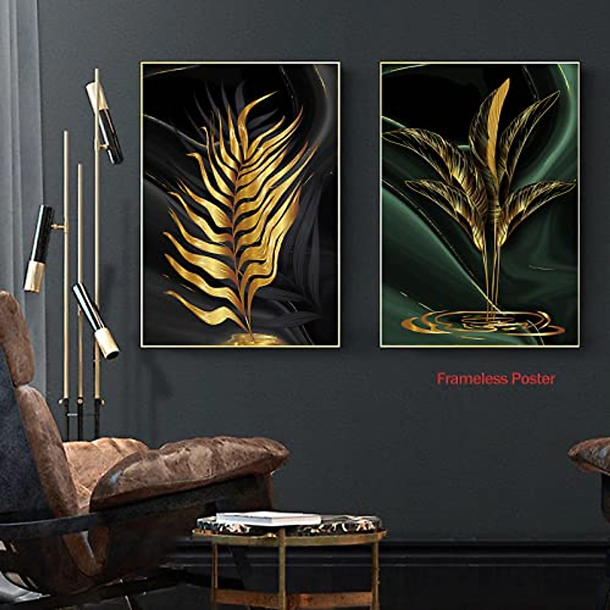 Black And Gold Leaf Wall Art Green Golden Leaves Poster Black And Gold Abstract Poster Green Nordic Wall Art Black Gold Canvas Art Black And Gold Bathroom Pictures Wall Decor 20x28inx3 No Frame