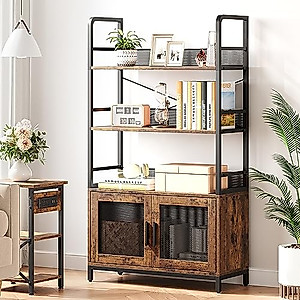 IDEALHOUSE Bookshelf with Doors Industrial Bookcase with 3 Tiers Open Storage Shelves Rustic Bookshelves Tall Display Rack Cabinet Farmhouse Bookshelf for Bedroom, Living Room, Home Office, Brown