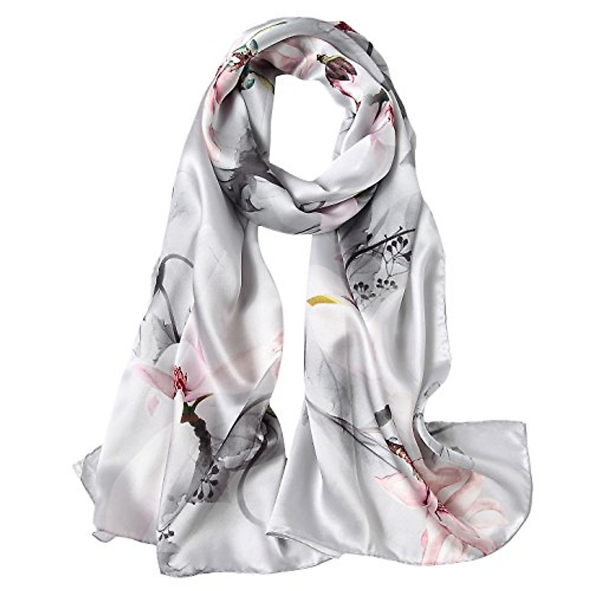 Women's Pure Mulberry Silk Scarf Floral Print Satin Long Scarf Wrap Shawl (xtrm02)