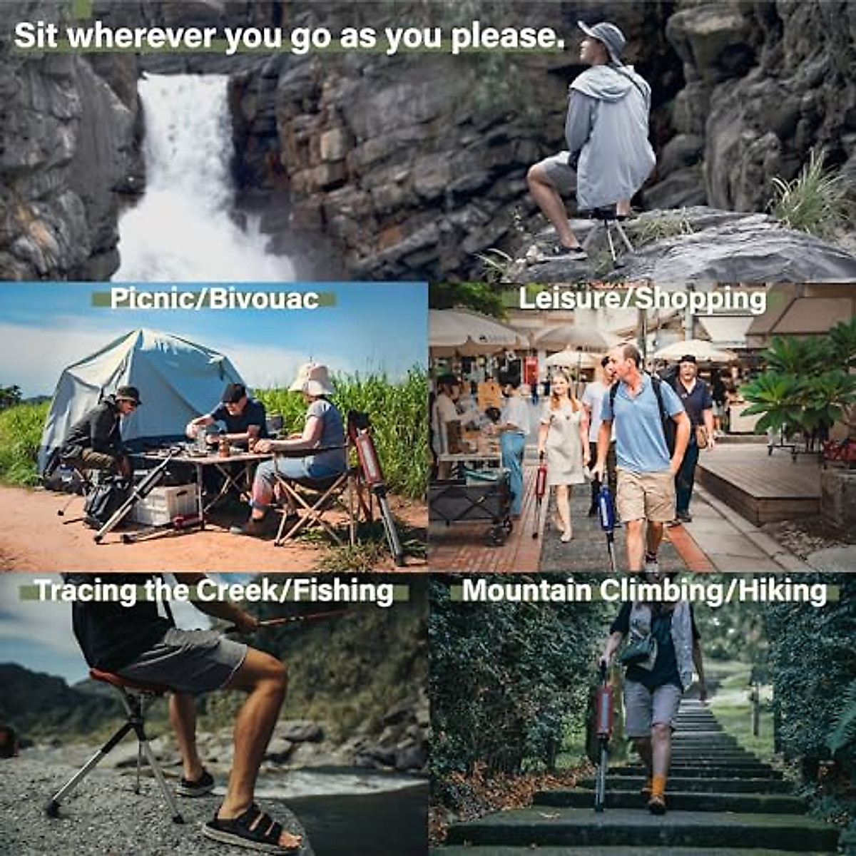 STEP2GOLD Ta-Da Chair Series 2- Portable Walking Stick, Cane with Seat, Foldable Chair, Hiking Stick, for Camping, Hiking, Lightweight Aluminum, Easy Carry, Anti-Slip (34.2"/Black)