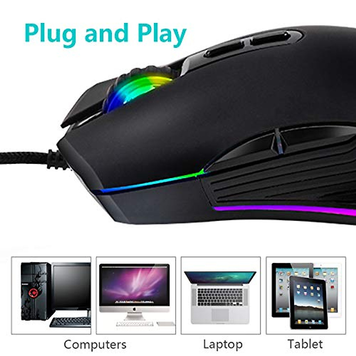 IULONEE Type C Mouse, Wired USB C Mice Gaming Mouse Ergonomic 4 RGB Backlight 3200 DPI Compatible with M@c, Matebook, Chromebook, HP OMEN, Windows PC, Laptop and More USB Type C Devices (Black)