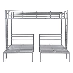 Oudiec Triple Bunk Bed,Full Over Twin&Twin Size Bunk Bed with Built-in Shelf&Ladders,L-Shaped Bunk Bed with Full-Length Guardrails, Space-Saving, Noise-Free, Silver
