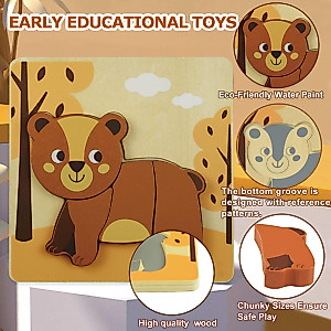 GYBBER&MUMU Wooden Thickened Animal Puzzle Toy Set Panda Deer Owl Duck Fox Puzzle Toy Hand-Eye Coordination Intellectual Toy Set for Preschool (Bear)