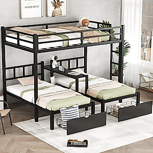 Full XL Over Twin Over Twin Bunk Bed for 3 Kids, Heavy Duty Triple Bunk Bed with Storage Drawers, Shelf, Guardrails and Ladder, Full XL Over Twin Over Twin Triple Bunk for Kids, Teens, Black