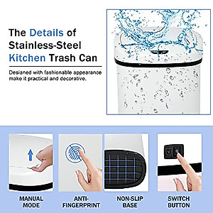 PIKAQTOP Automatic Touchless Infrared Motion Sensor Trash Can 13 Gallon, 50L High-Capacity Finger-Print Resistant Stainless Steel Brushed Bin with Lid, Garbage for Bathroom Bedroom Home Office, WHITE