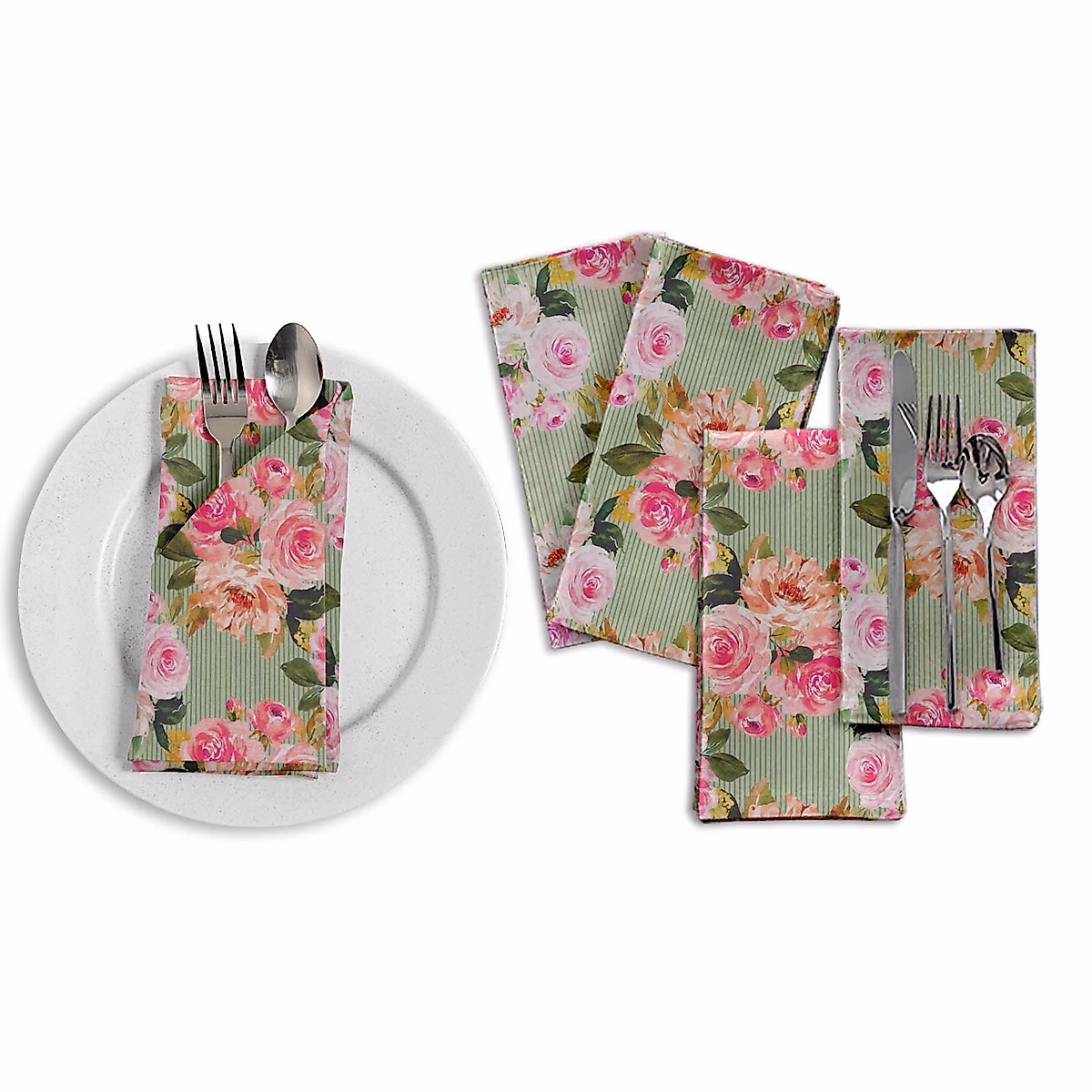 S4Sassy Green Stripe & Ranunculus Floral Holiday Parties Cloth Table Linen Re-Usable Dinner Napkins Set 18 x 18(Pack of 6)