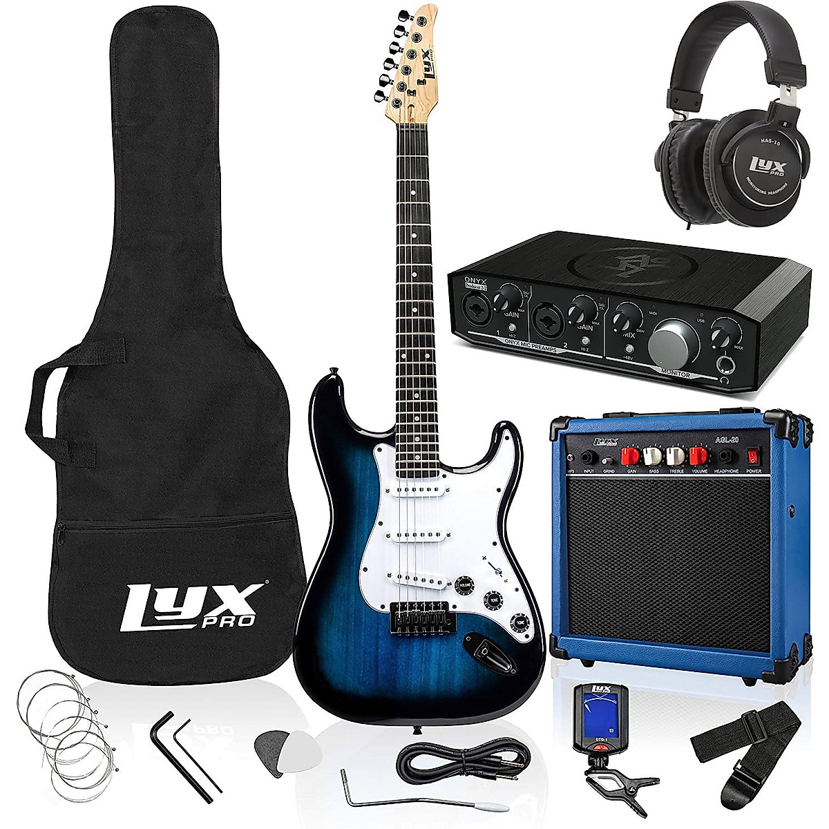 LyxPro Full Size Electric Guitar Blue with 20w Amp Package with All Accessories, Mackie Producer 2-2 Audio/Midi interface With Music Production Software Download and Professional Headphones