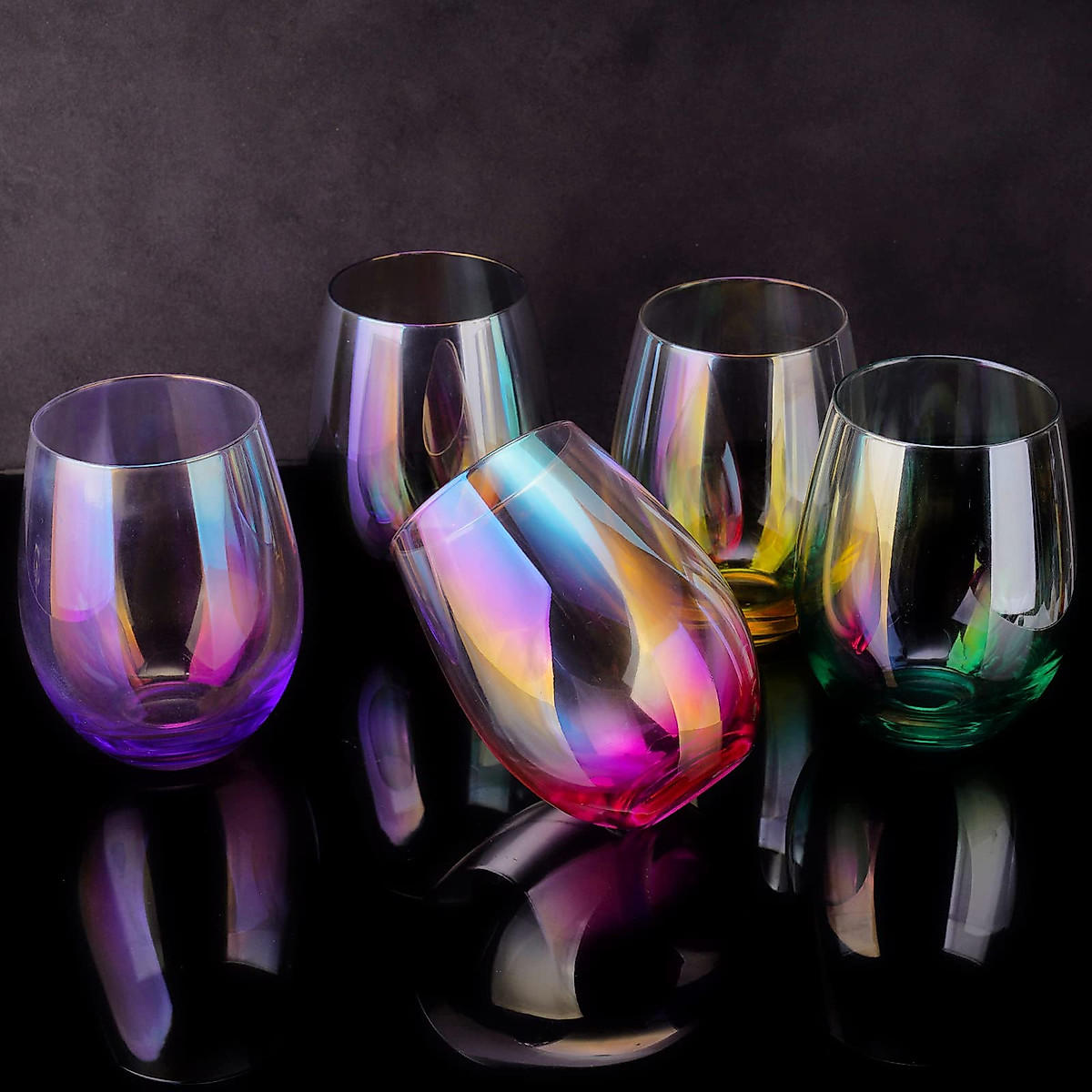 NiHome Stemless Wine Glasses 20oz 6-Pack Iridescent Gradient Rainbow Colors Large Water Glasses Margarita Glassware Set Wine Drinking Tumblers