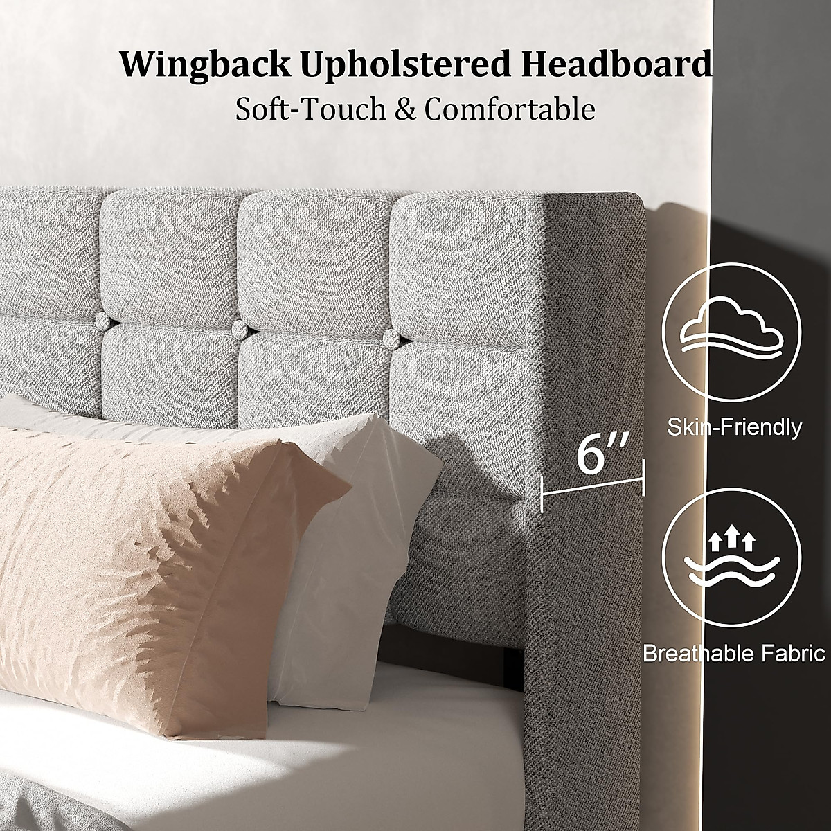 CXVX Full Size Platform Bed Frame with Upholstered Headboard and Wingback, Mattress Foundation with Wooden Slat Support, No Box Spring Needed, Easy Assembly, Noise Free, Light Grey