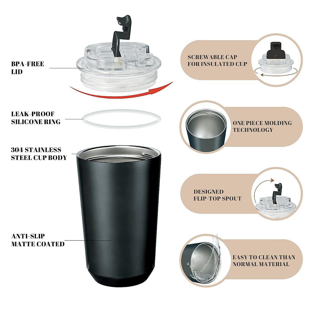 Puraville Insulated Tumblers with Lid, 14 oz Travel Coffee Mug Stainless Steel Vacuum Cup, Leak Proof Reusable Double Walled Coffee Tumbler for Iced and Hot Drinks, Black