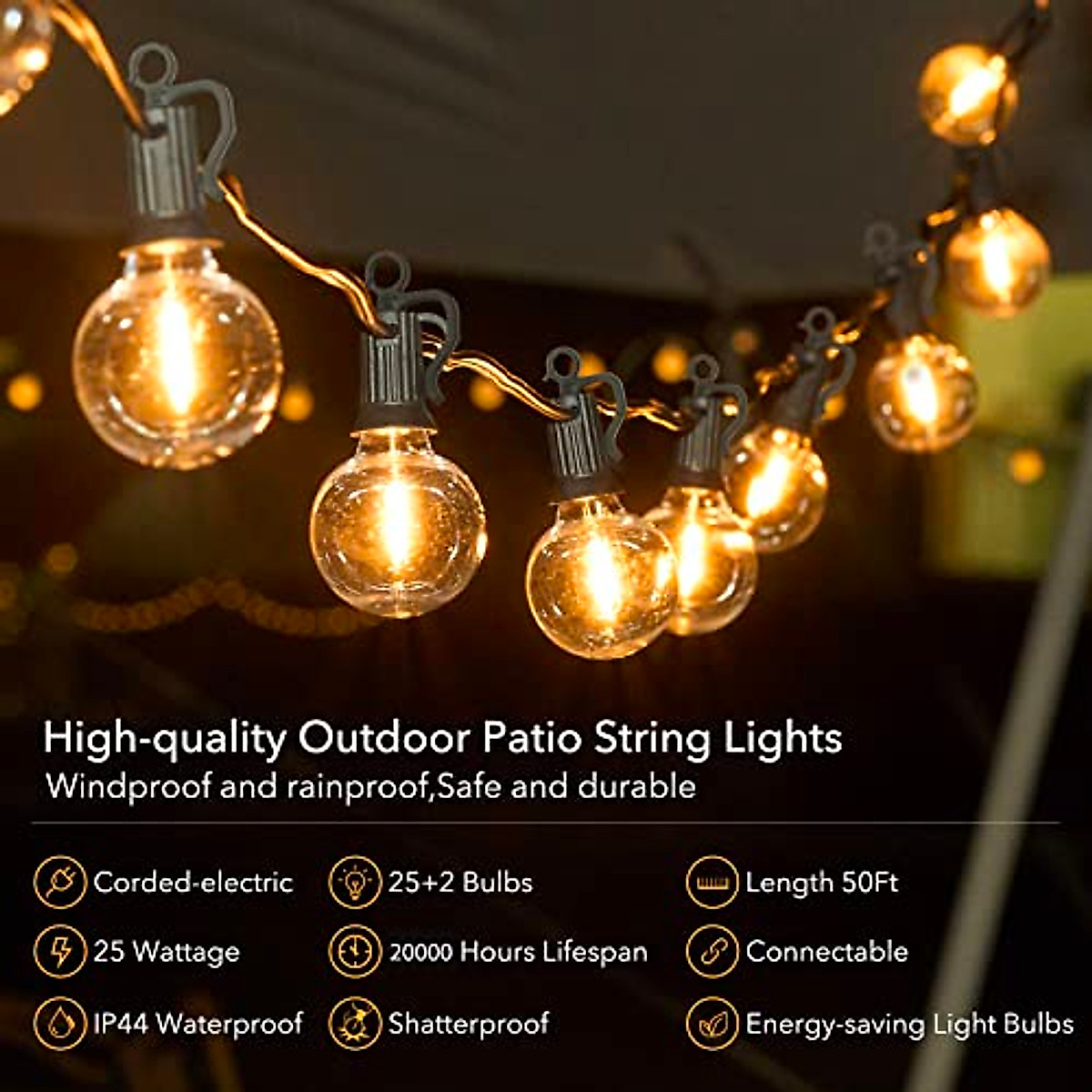 Brightown Outdoor String Lights 50FT- LED String Lights G40 Globe Patio Lights Energy Saving with 25 LED Bulbs, Shatterproof Hanging Outdoor Lights for Christmas Outside Garden Backyard Cafe