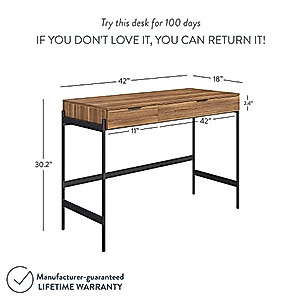 Nathan James Sophie Solid Computer Study Table for Home Office or Writing Desk with Drawers for Storage and Modern Metal Frame with Rustic Wood Top, Light Walnut/Black