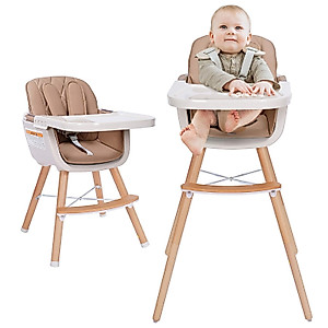 3-in-1 Convertible Wooden High Chair,Baby High Chair with Adjustable Legs & Dishwasher Safe Tray, Made of Sleek Hardwood & Premium Leatherette, Brown Color