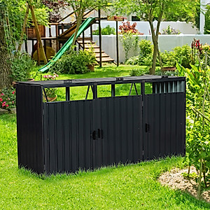 Outdoor Garbage Bin Storage Shed Galvanized for 3 Trash cans with Lockable Doors Metal Outdoor Trash Can Storage Shed for Garden Yard Lawn(Black-3)