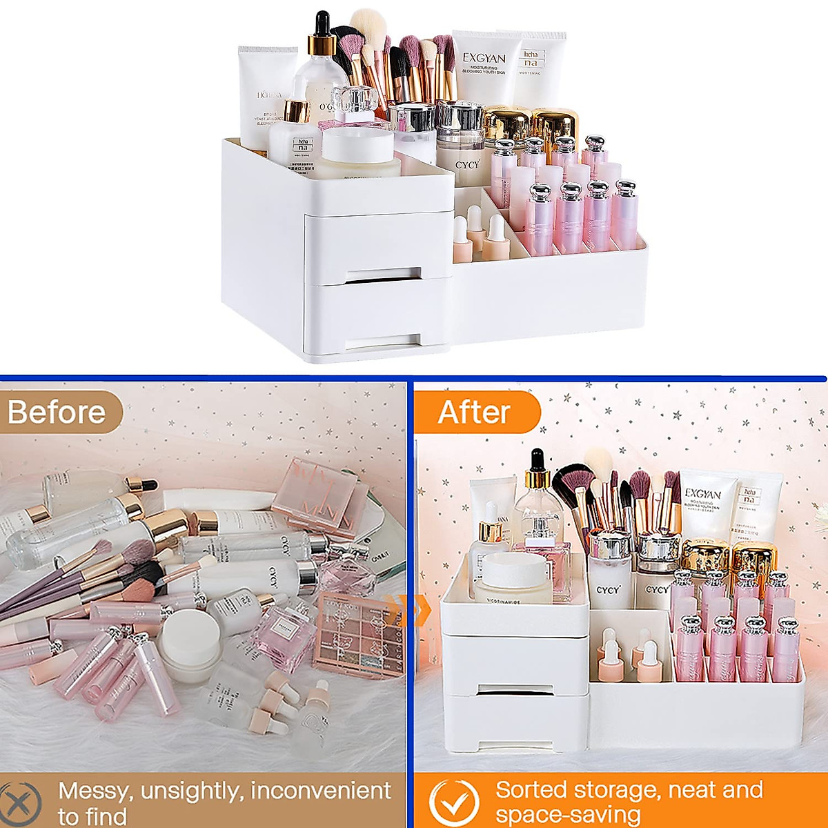 Makeup Organizer,Cosmetic Desk Storage Box with Drawers Skincare Organizers for Dressing Table, Countertop, Bathroom Counter, Vanity Holder for Brushes, Lotions, Lipstick and Nail Polish