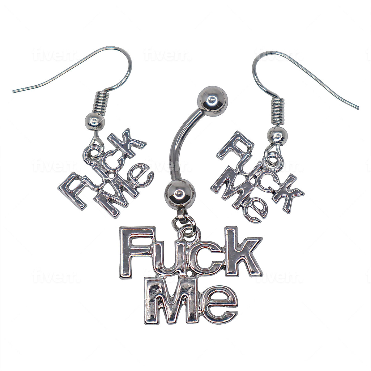 AWESOMETIVITY Naughty Sexy Jewelry Sets - Slut, Hotwife, F Me, Sexy, Stainless Steel and Rhinestone Dangle Belly Button Ring and Earrings Set for Naval Body and Ear Piercings (F Me w/Dangle Earrings)