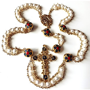 elegantmedical handmade 18KGold-plated Ladder to Heaven pearl & Enamel Beads Catholic Rosary crucifix Necklace box