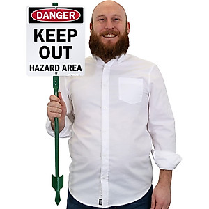 SmartSign 12 x 10 inch “Danger - Keep Out, Hazard Area” LawnBoss Yard Sign with 3 foot Stake, 40 mil Laminated Rustproof Aluminum, Red, Black and White, Set of 1, Made in USA