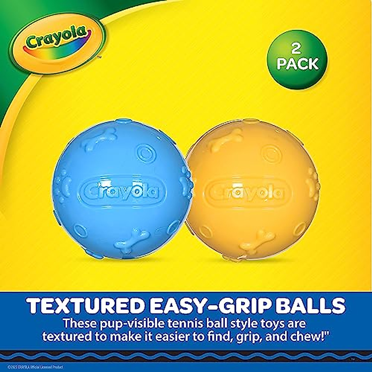 Crayola for Pets 2pk Balls in Pup-Visible Colors Dogs See Best, Embossed Texture for Easy Grip Fetch and Chew, TPR, Rubber Chew Toys for Dogs, Yellow + Blue Tennis Ball Style Dog Toys
