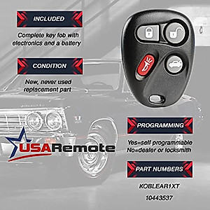Car Key Fob Keyless Entry Remote fits Chevy Corvette Malibu SSR/Pontiac Bonneville Grand Am/Buick Lesabre/Cadillac Deville Seville/Oldsmobile Alero Aurora (KOBLEAR1XT, 25695954)