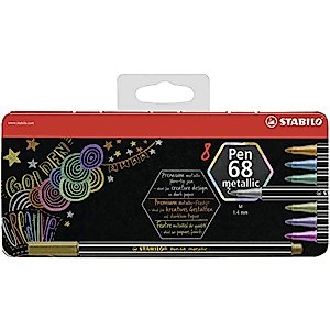 STABILO Premium Metallic Fiber-Tip Pen Pen 68 metallic - Tin of 8 - Assorted Colors with Hanging Loop