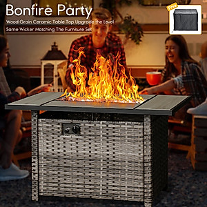 HOOOWOOO Patio Furniture Set,8 Piece Outdoor Furniture with Fire Pit Table,Wicker Patio Conversation Couch Chairs Ottoman Set,Denim Blue