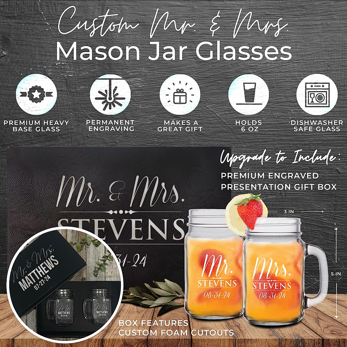 My Personal Memories Set of 2 Mr and Mrs Personalized Mason Jar Glasses - Engraved, Custom, Monogrammed Barware Glassware Gifts
