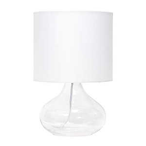 Simple Designs LT2063-CLW Small Glass Raindrop Bedside Table Lamp with White Fabric Shade, Clear