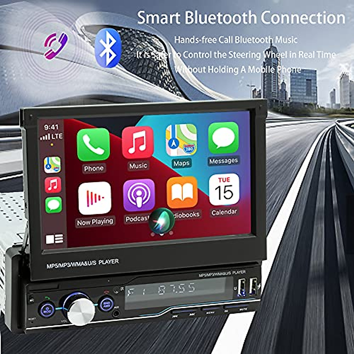 Single Din Apple Carplay,Car Stereo with Bluetooth 5.0,Flip Out Touchscreen Car Radio,Single Din Touch Screen Display Radio,FM Radio/Android Auto/Rear View Camera/