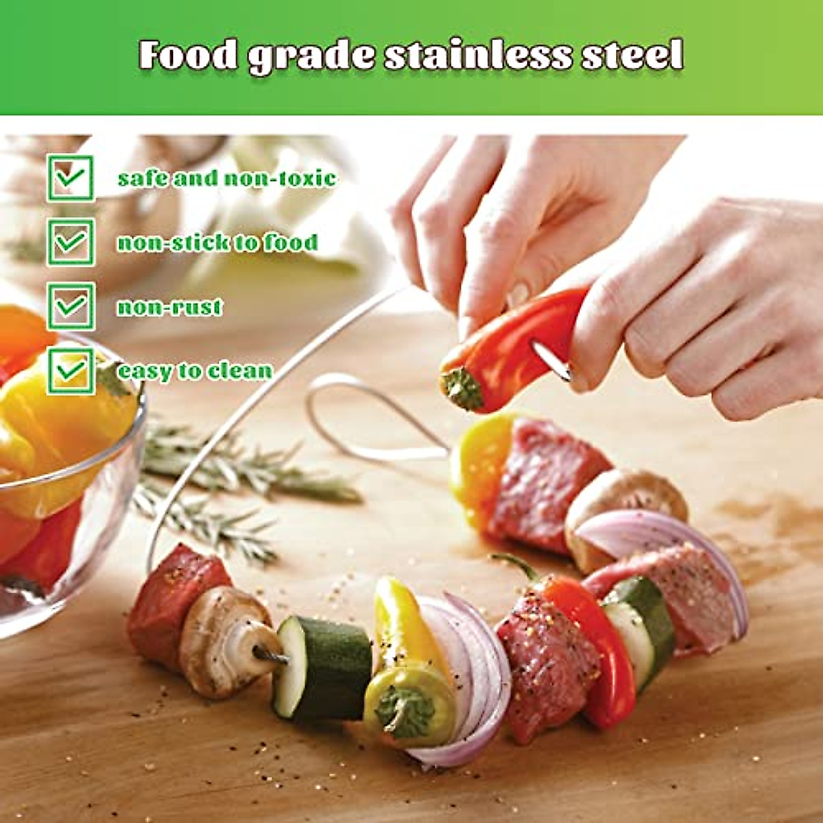 QQPOLE 29Inch Flexible BBQ Skewers for Grilling, Stainless Steel Easy Flip Barbecue Skewers 29" Set of 8 Pack Reusable Kabob Skewers
