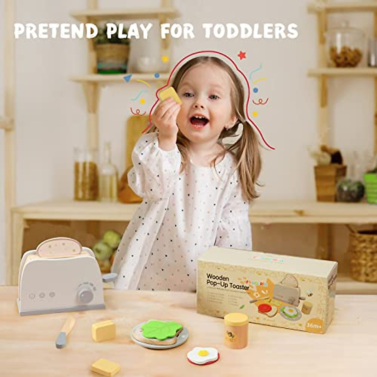 Frogprin Pop up Toaster Play Kitchen Playset, Wooden Toy Food 13 Pcs Play Kitchen Accessories, Pretend Play Food Sets for Kids Kitchen, Interactive Early Learning Toaster for Girls & Boys