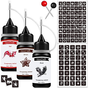 Temporary Art Painting Kit Semi Permanent Tattoo Ink Freehand Gel 103 Pcs Free Stencils, DIY Fake Freckles, Full Kit 3 Bottles (Black+Red+Brown)