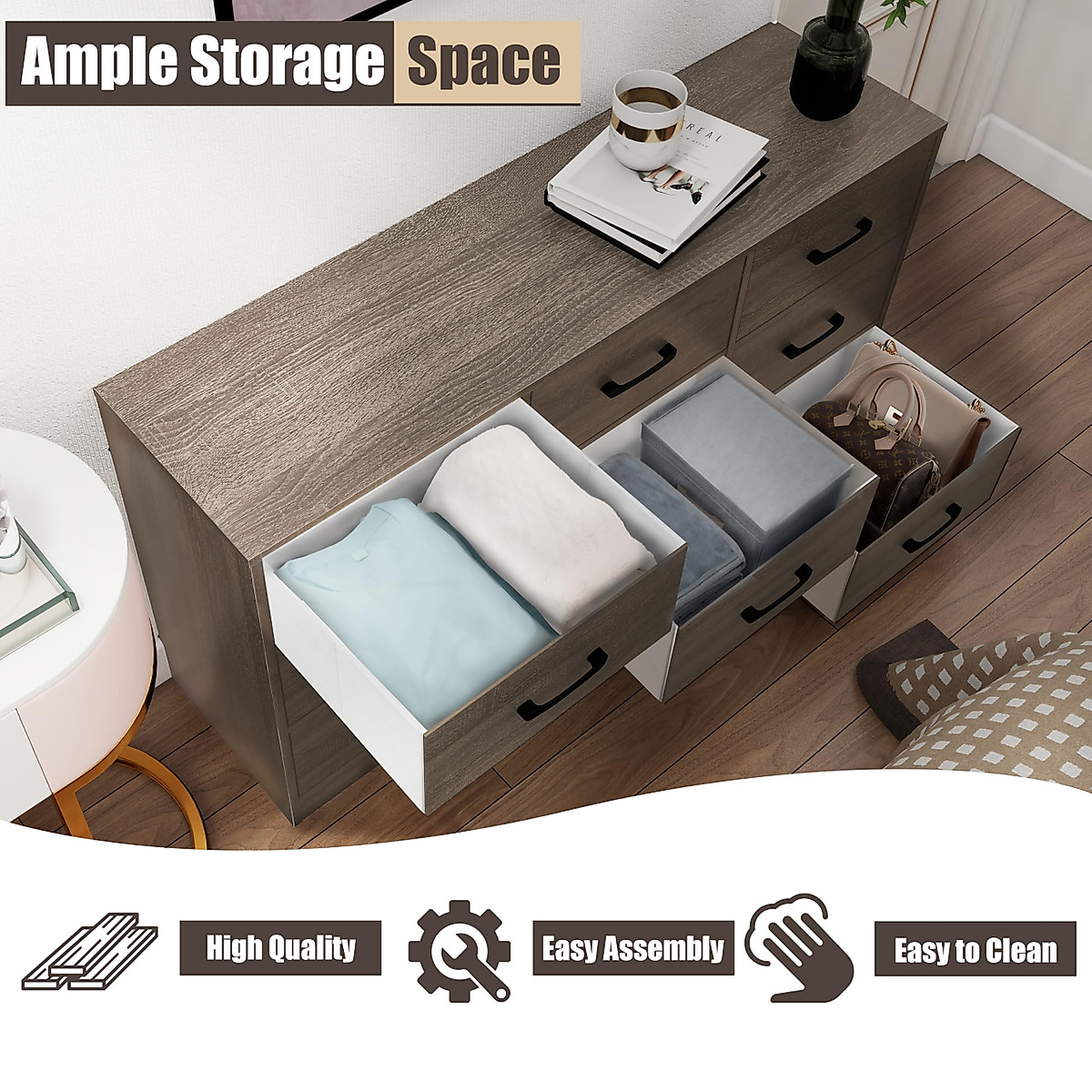 LINLUX Dresser for Bedroom, 9 Drawer Large Wide Dressers, Farmhouse Wooden Chest of Drawers for Entryway, Living Room, Hallway, Grey