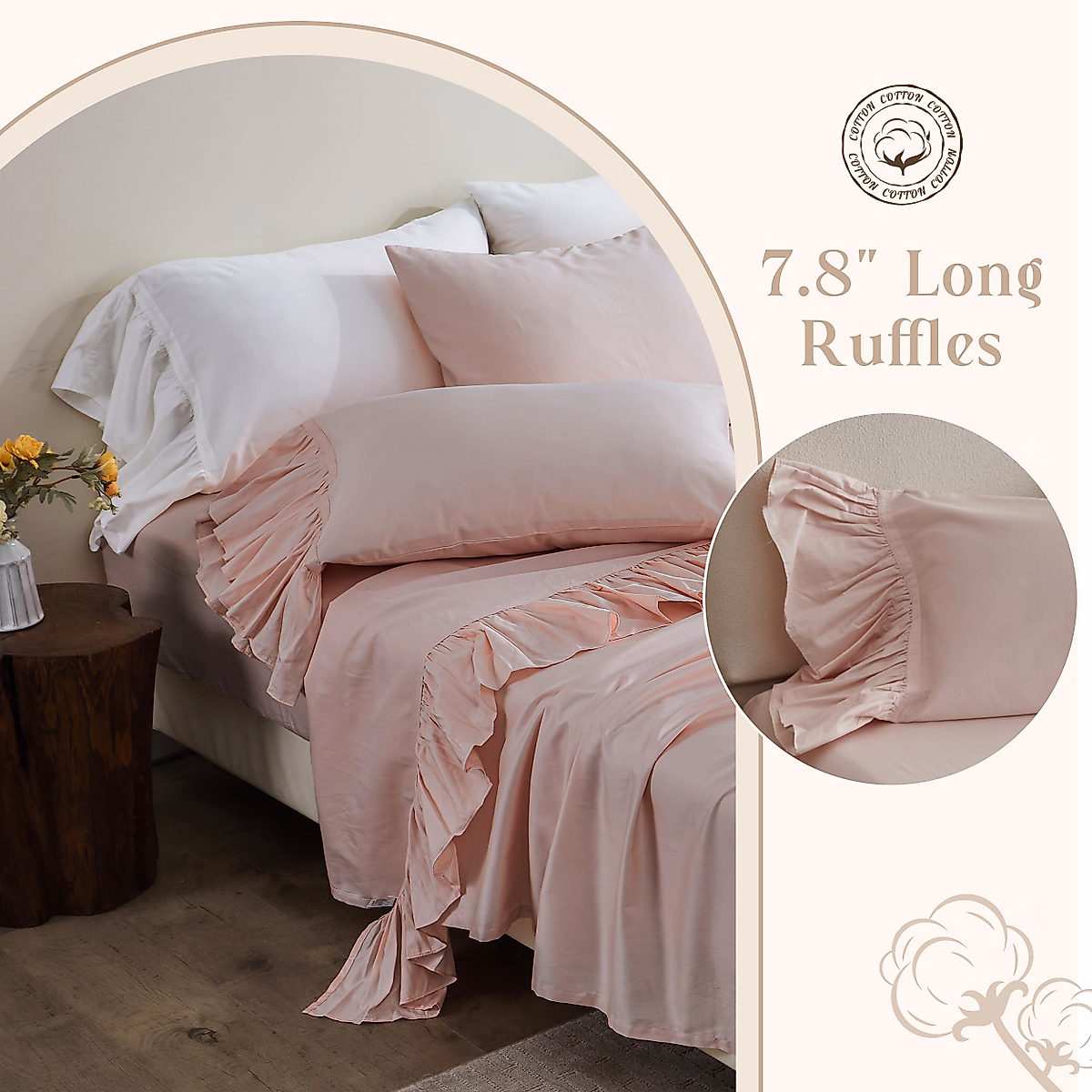 Simple&Opulence 100% Organic Cotton Sheet Set, Long Ruffle Bed Sheets (1 Flat Sheet, 1 Fitted Sheet and 1 Pillowcase) Elegant Shabby Chic Bedding Farmhouse Charming Vintage - Pink, Twin