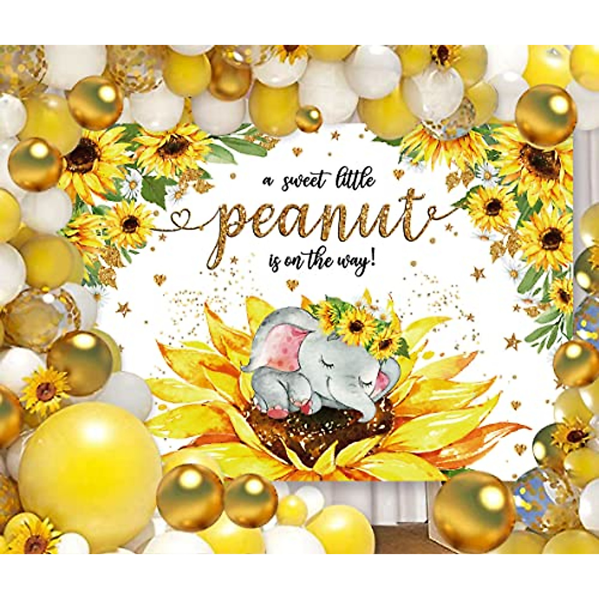 A Sweet Little Peanut Baby Shower Photo Background, Sunflower Elephant Baby Shower Party Decorations Backdrop, Newborn Girls Baby Shower Party Decorations Banner Backdrops (7x5ft)