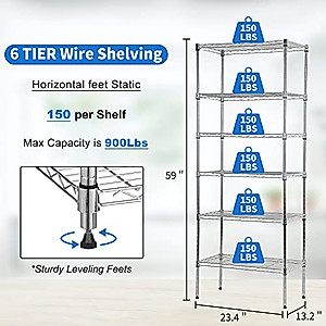 Dlewmsyic Wire Shelving Unit, 6-Tier Metal Shelf Height Adjustable 13" D x 23" W x 59" H 900 Lbs Capacity Separable Rack for Kitchen Pantry Office Storage Shelves, Chrome