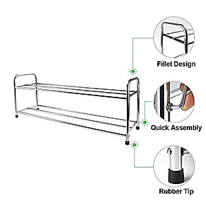 JIYAO 2-Tier Ultra Long Shoes Rack Stainless Steel Shoe Storage Organizer Stackable 8-Pair Storage Shelf for Bedroom, Bathroom Closet, Entryway, Dorm Room, W 10.3 x L 31.5 x H 13.2 in (2-Tier)