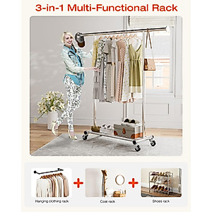 Frylr Heavy Duty Clothing Rack - Portable Metal Garment Rack with Wheels, Rolling Clothes Rack with Adjustable Hanging Rods, and Free Standing Design, Silver