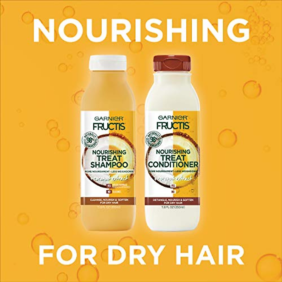 Garnier Fructis Nourishing Treat Shampoo, 98 Percent Naturally Derived Ingredients, Coconut, Nourish and Soften for Dry Hair, 11.8 Fl Oz