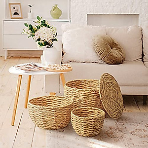 Artera Wicker Storage Basket - Set of 3 Natural Woven Blanket Basket, Decorative Side Table