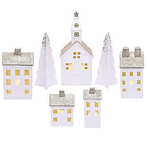 Mark Feldstein & Associates Village White Glitter 12 inch Porcelain LED Christmas Figurines 9 Piece Set