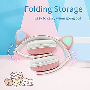 B39 Light-Emitting Cat Ear Headset, LED Light Up Over Ear Headphones with Mic Bluetooth Stereo Sound Foldable Rechargeable Earpiece, Cute Cat Ear Gaming Headset for Girls (Pink)