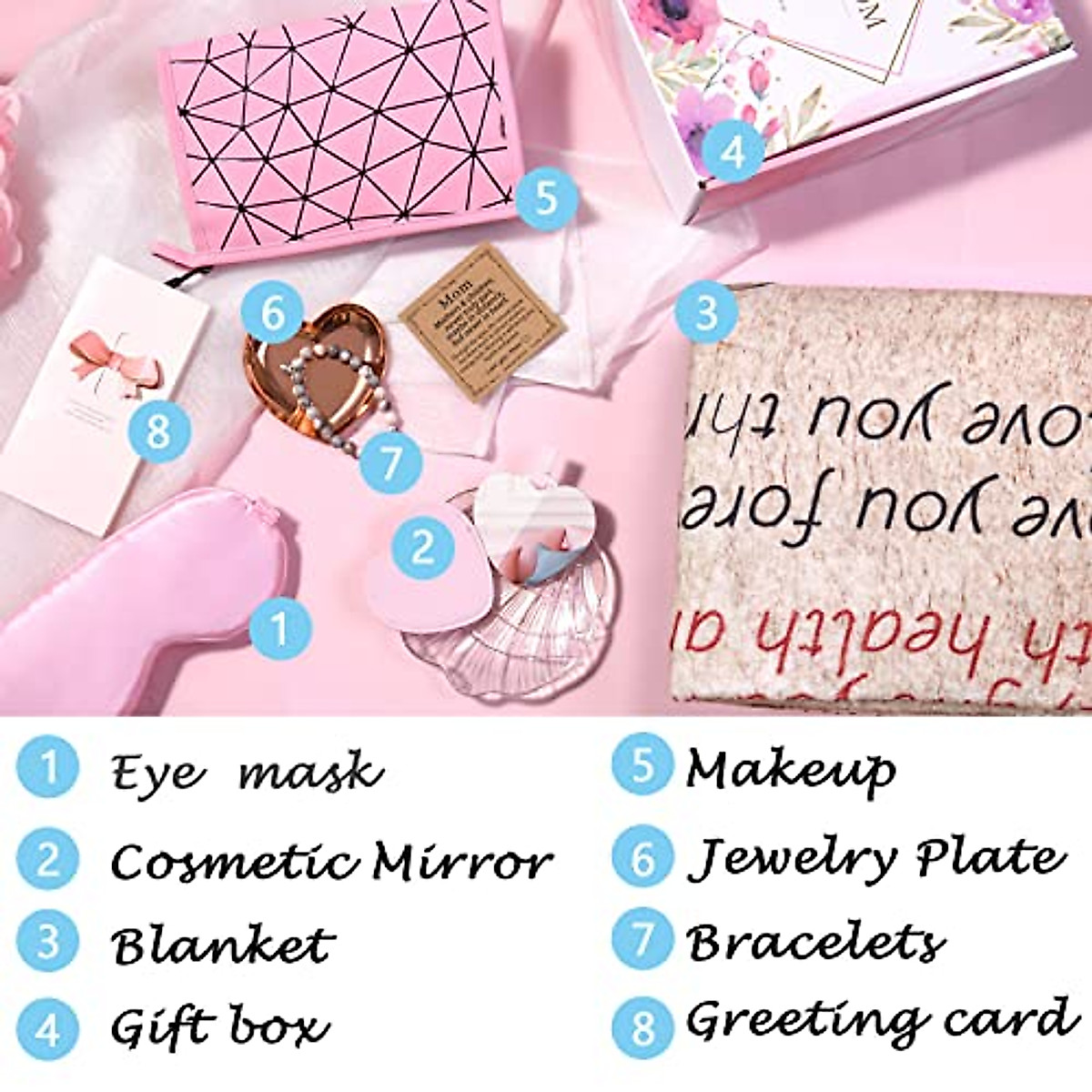 Gifts for Mom, Mothers Birthday Gifts Blanket 50 * 60 inch Basket for Mom Self Care Women Gift Box to My Mom from Daughter Son Includes Bracelets Eye Mask Makeup Bag Mirror Jewelry Plate
