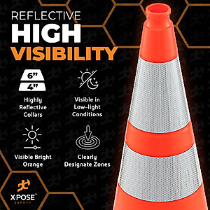 Xpose Safety 28 Inch Orange Traffic Cones Heavy Duty 10lb with 6" & 4" Collars, 24 Pack - Multipurpose PVC Plastic Safety Cone for Parking, Soccer, Caution, Kids and Construction