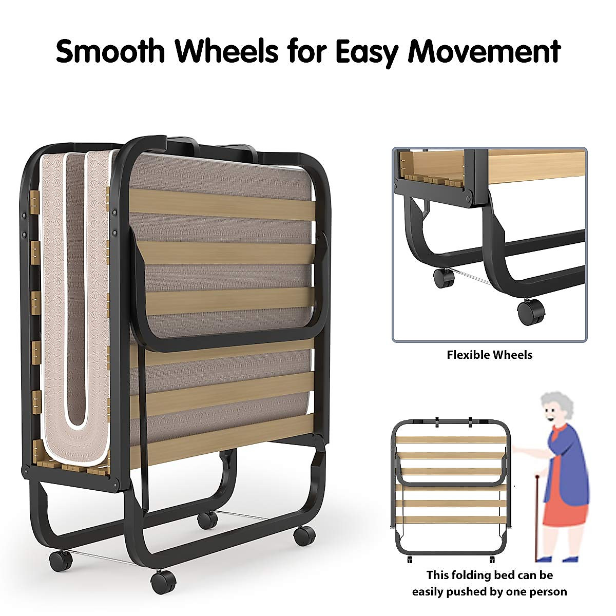 KOMFOTT Folding Bed with 4” Mattress, Foldable Rollaway Bed with Memory Foam Mattress for Adults, Portable Fold Up Guest Bed with Sturdy Steel Frame on Wheels, Made in Italy