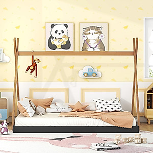 Harper & Bright Designs Full Size Teepee Bed for Kids,Full Floor Bed Frame with Triangle Structure,Wood Montessori Floor Bed for Girls Boys Bedroom Furniture,Black+Brown