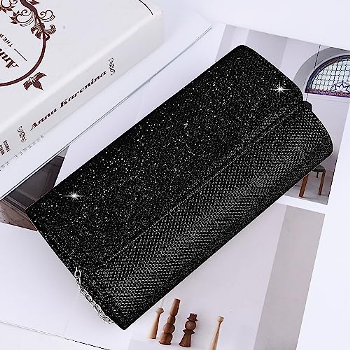 OSDUE Evening Bag Clutch Purses for Women, Glitter Bags, Sparkling Envelope Evening Bag with Detachable Chain, for Prom Wedding Party Banquet Date (Black)