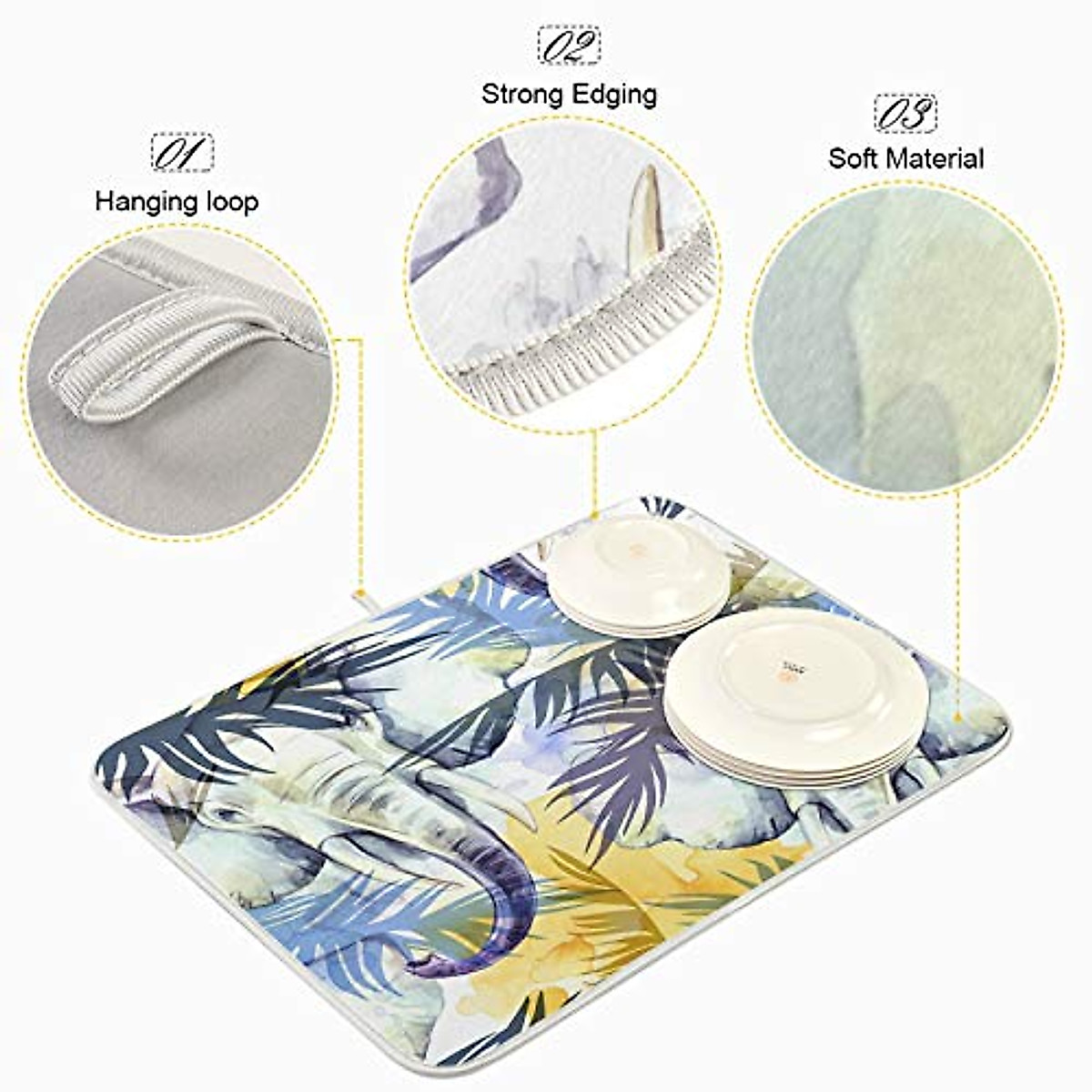Tropical Leaves Elephant Pattern Dish Drying Mat 24"x18" Absorbent Machine Washable Hanging Fast Dry Pad Dish Protective Mat for Kitchen Countertop Heat Resistant Dinner Table Mat