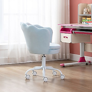 DM Furniture Velvet Kids Desk Chair Cute Computer Chair Modern Upholstered Swivel Arm Chair Adjustable Rolling Vanity Chair for Bedroom Living Room Girls (Blue)