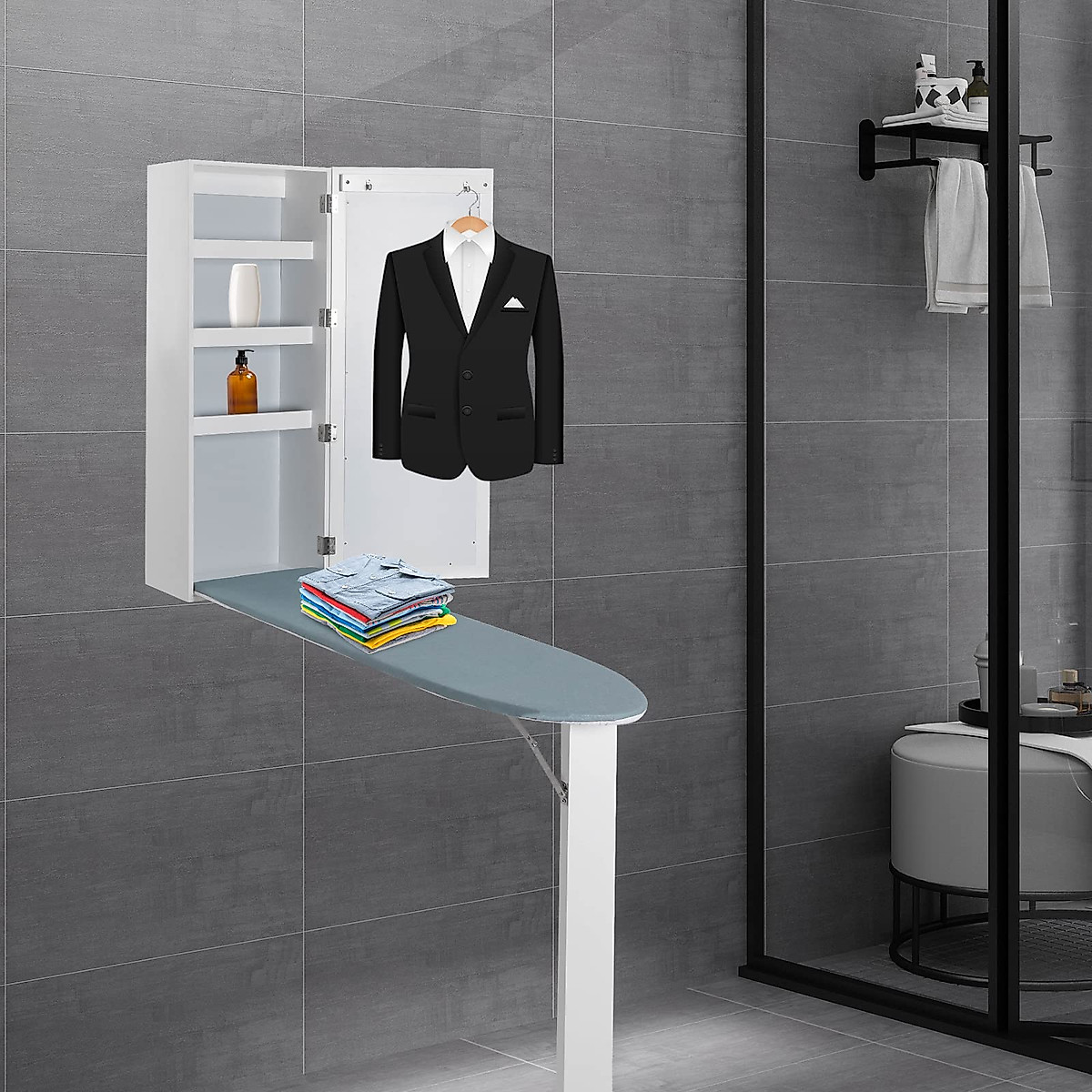 Wall Mounted Ironing Board with Storage Cabinet, Built in Ironing Board & Folding Support Leg, Wall-Mounted Mirrors for Home, Apartment & Small Spaces